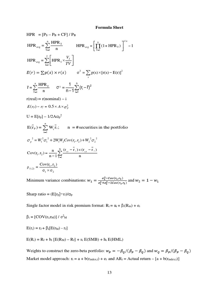 Formula Sheet in Final Exam Paper (FIN3IPM 2018 Semester 2) | PDF ...