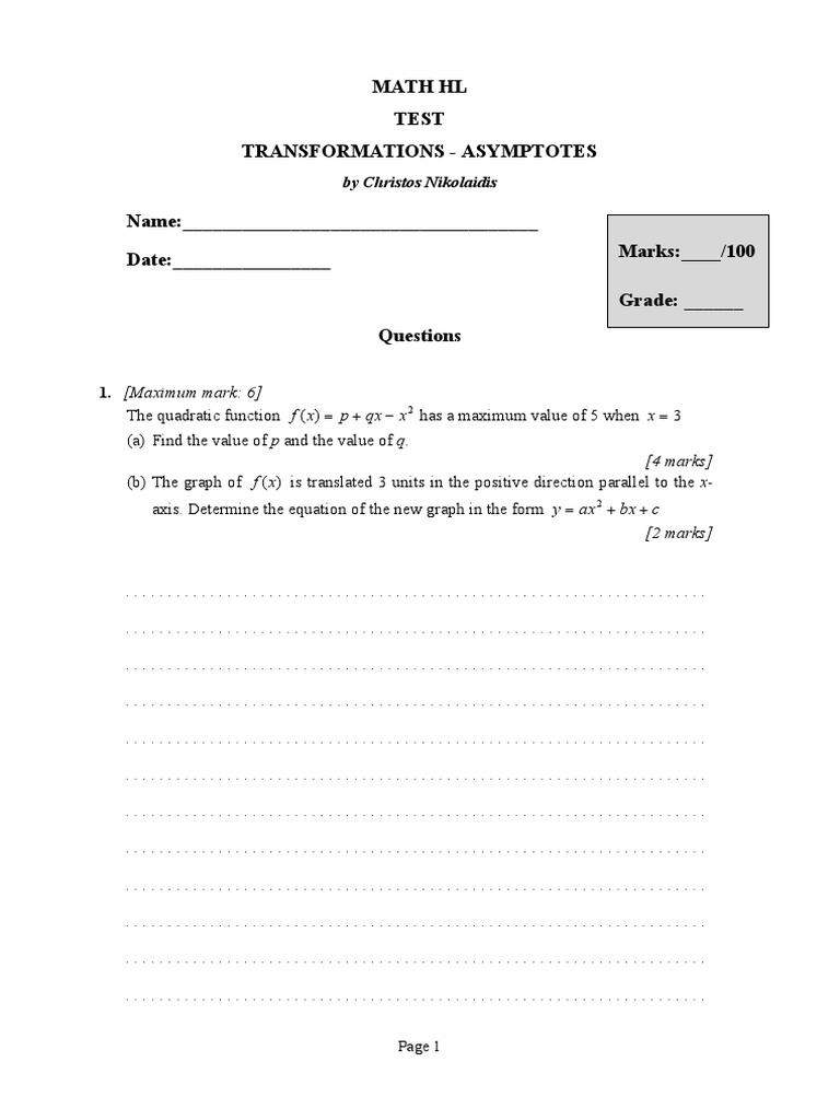 Math HL Test Transformations - Asymptotes: by Christos Nikolaidis | PDF ...