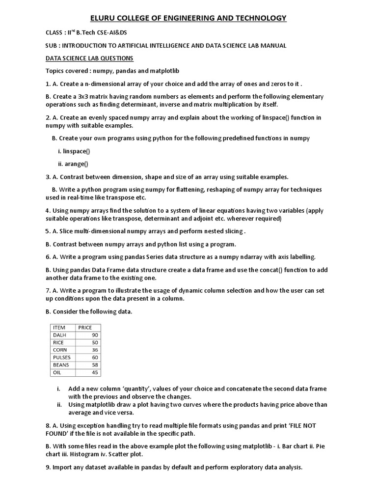 Data Science Lab Manual: Python Numpy & Pandas | PDF