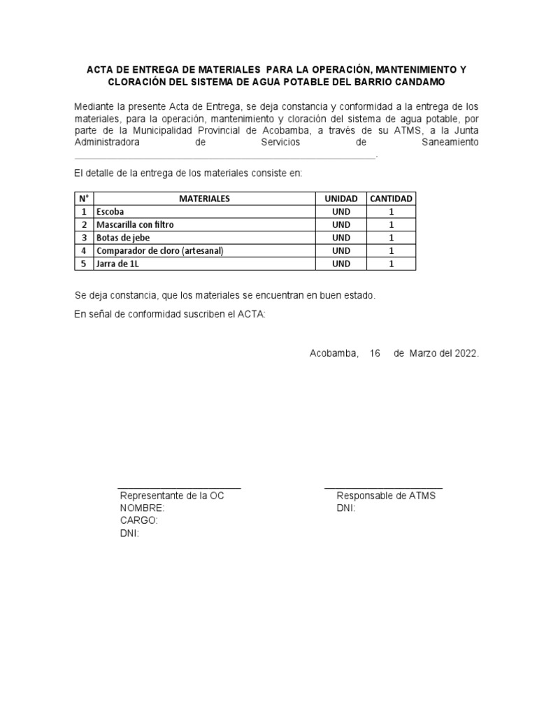 Acta de Entrega de Materiales | PDF