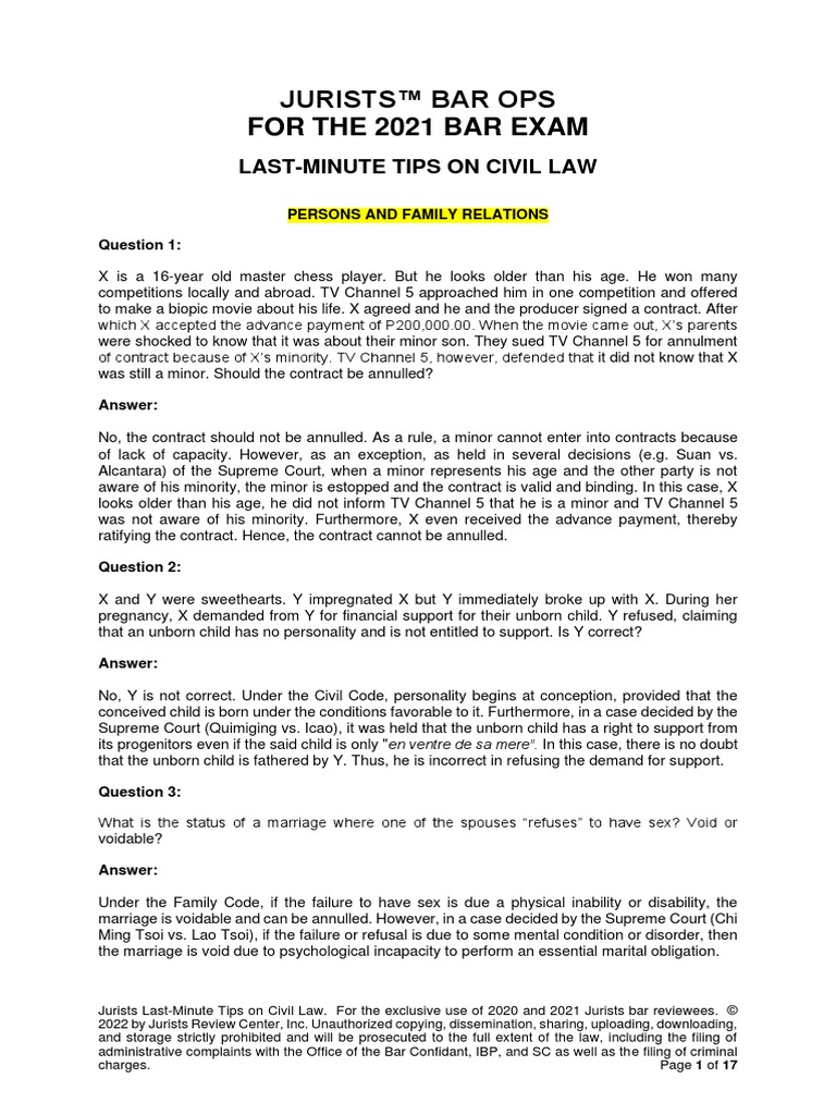 Jurists™ Bar Ops For The 2021 Bar Exam: Last-Minute Tips On Civil Law | PDF
