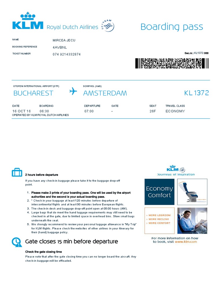 Boarding Pass: Bucharest Amsterdam KL 1372 | PDF | Baggage | Aviation