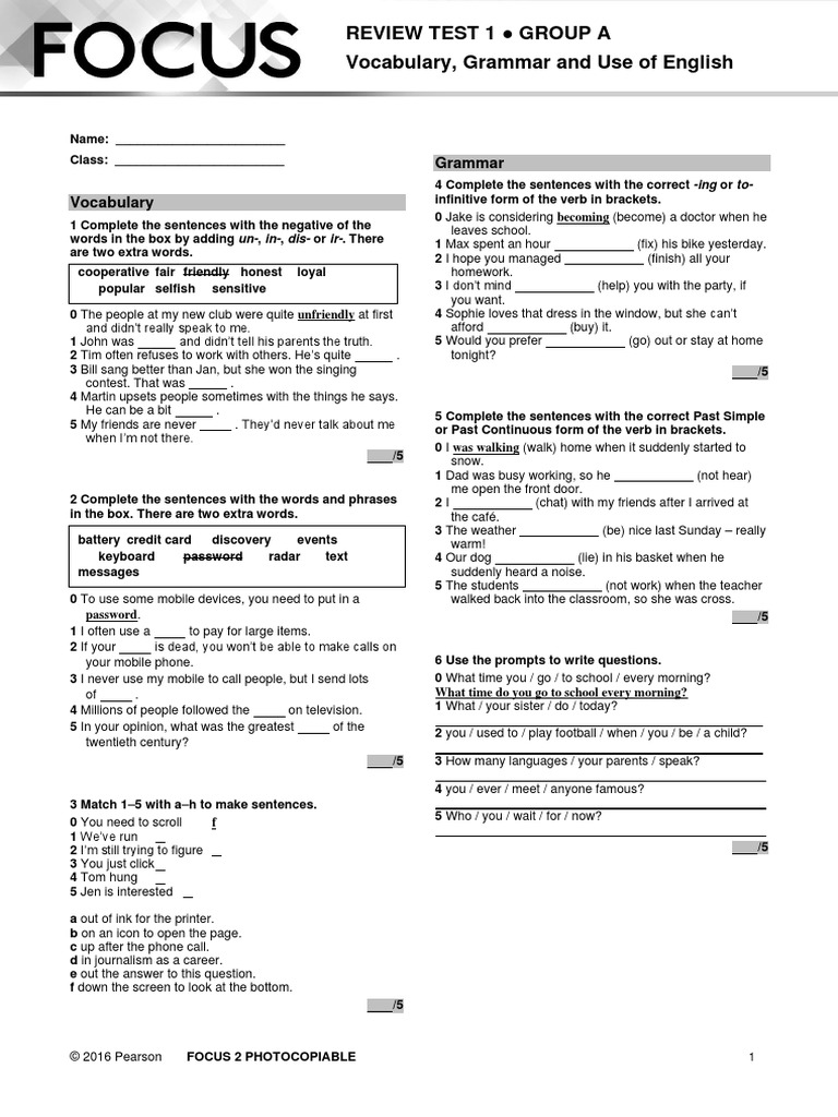 Review Test 1 Group A Vocabulary, Grammar and Use of English | PDF