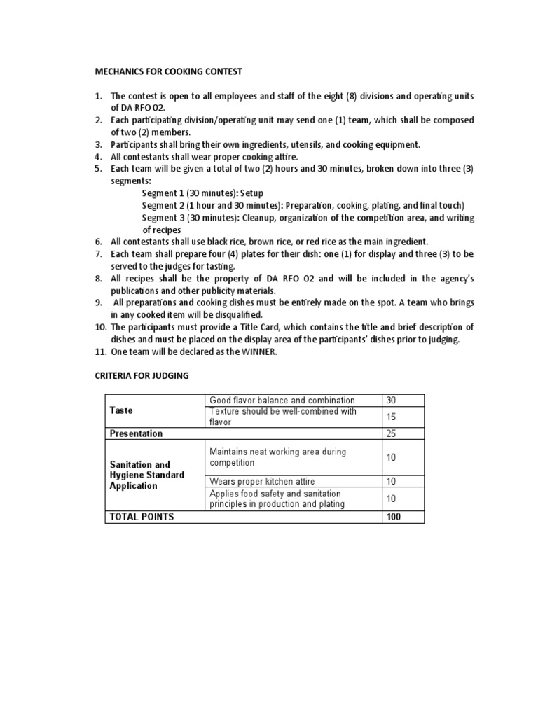 Nutrition Month Cooking Contest Mechanics And Criteria For Judging