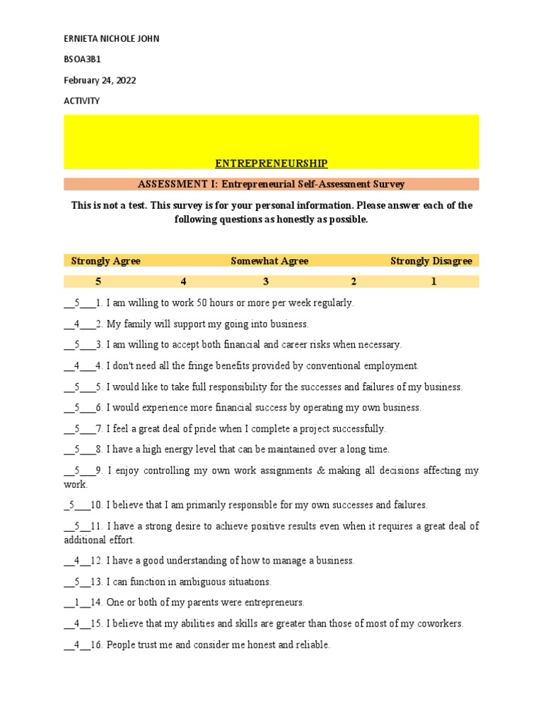 Ernieta - Entrep Survey Act. | PDF | Entrepreneurship | Integrity