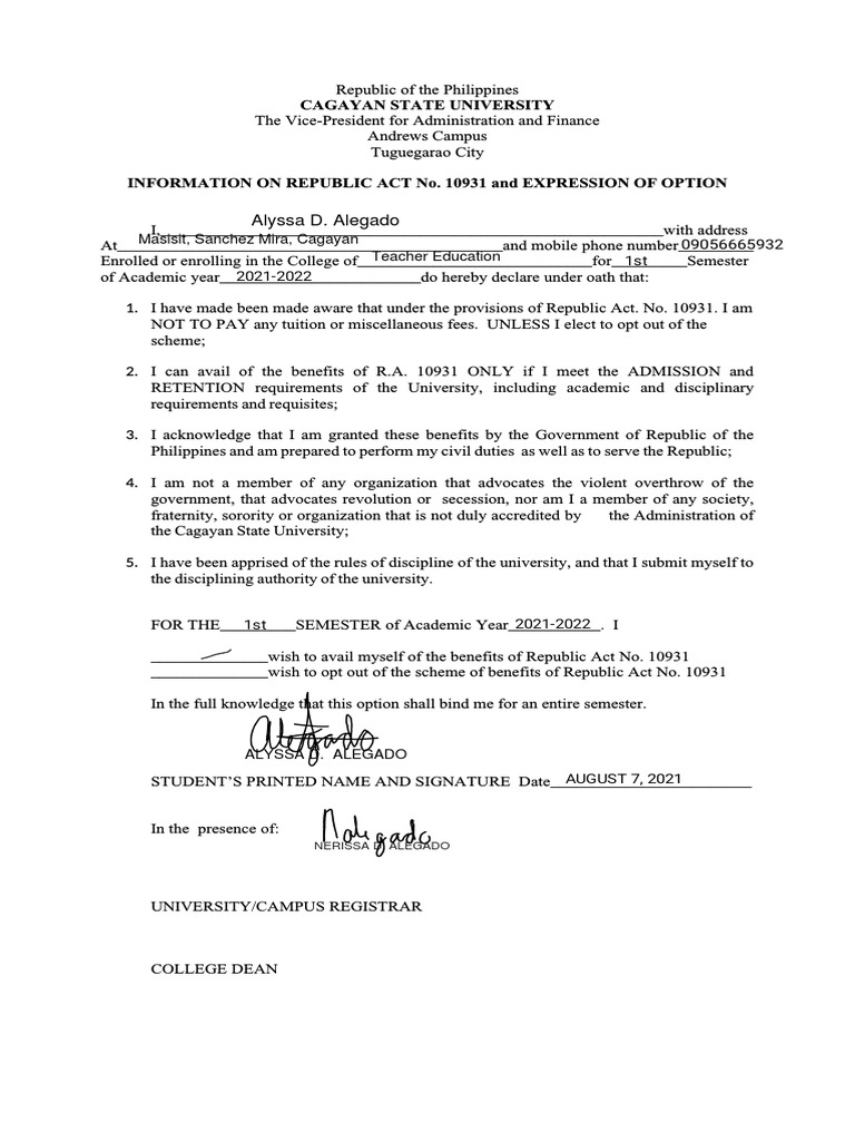 RA 10931 Enrollment Option Form | PDF | University