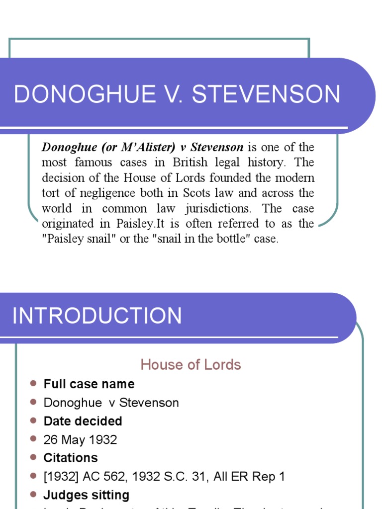 Donoghue (Or M'Alister) V Stevenson Is One of The | PDF | Negligence | Duty Of Care