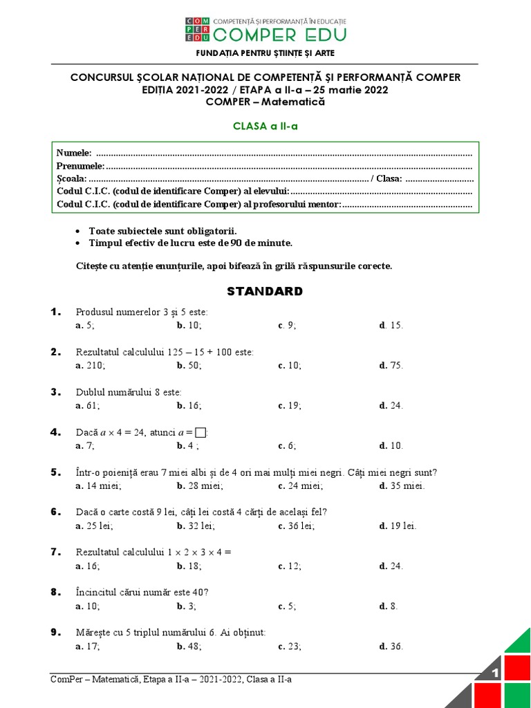 Subiect Comper Mate EtapaII 2021 2022 ClasaII | PDF