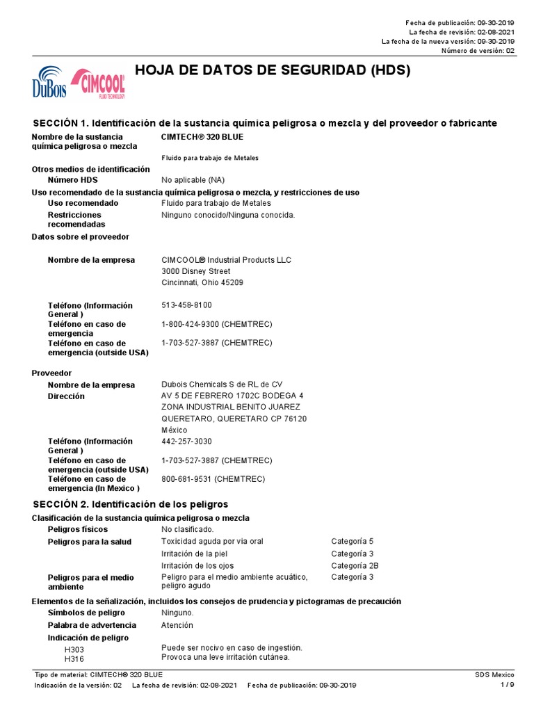 SDS Mexico Mexican Spanish - CIMTECH® 320 BLUE - US | PDF | Agua | Residuos
