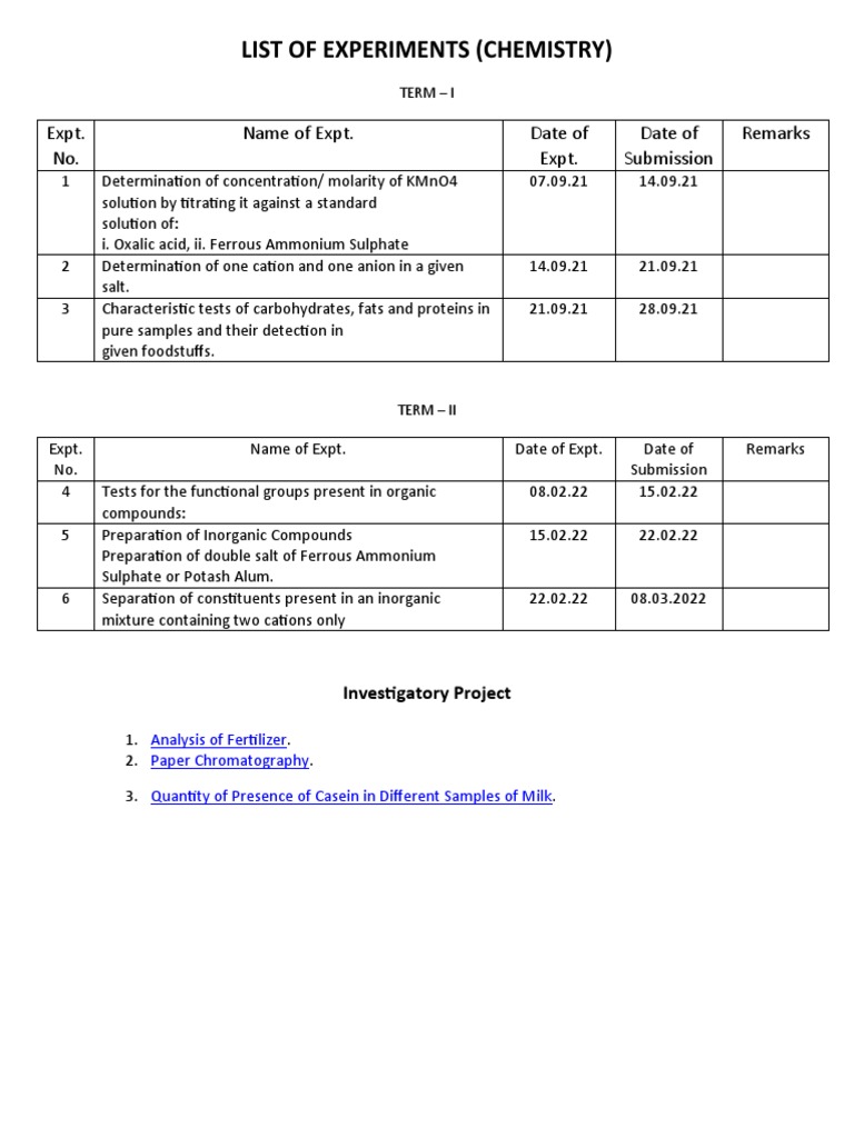 LIST OF EXPERIMENTS - Chemistry | PDF