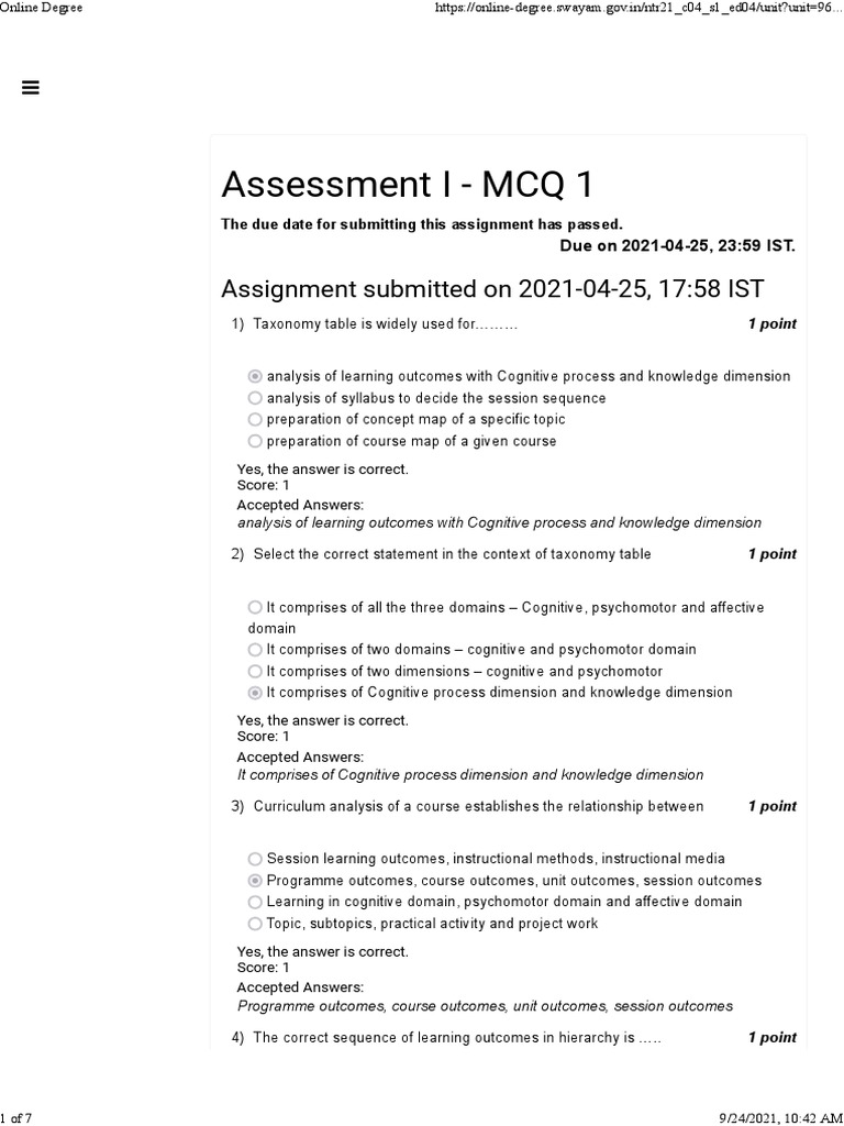 Assessment I - MCQ 1: Assignment Submitted On 2021-04-25, 17:58 IST ...