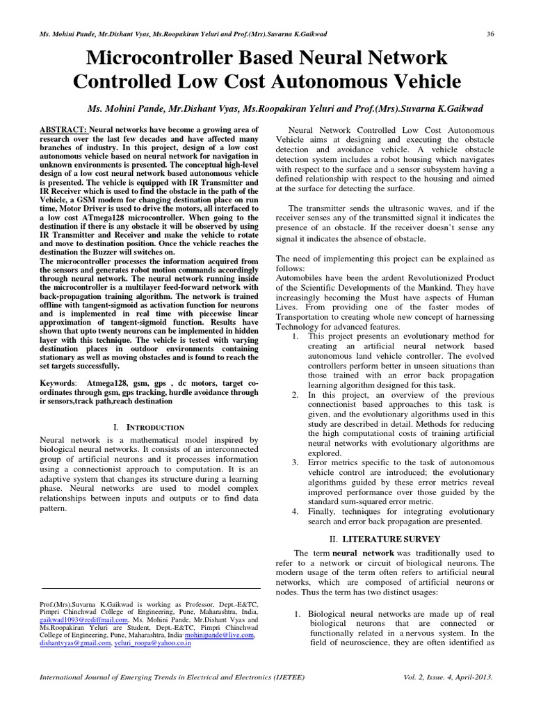 Microcontroller Based Neural Network Controlled Low Cost Autonomous Vehicle Pdf Neuron