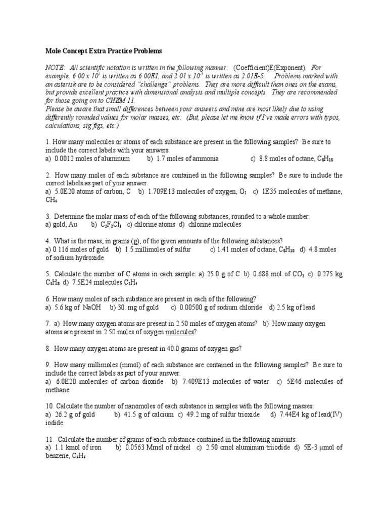 Mole Concept Practice Problems | PDF | Mole (Unit) | Chemistry