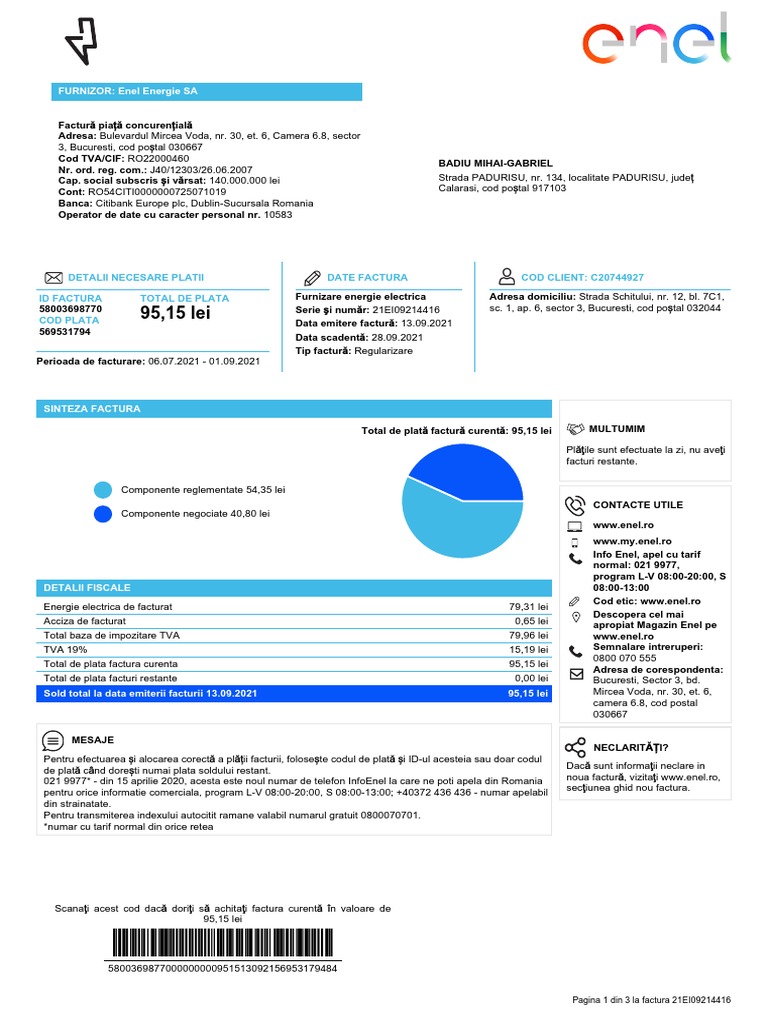 Factura ENEL NR 21EI09214416 | PDF