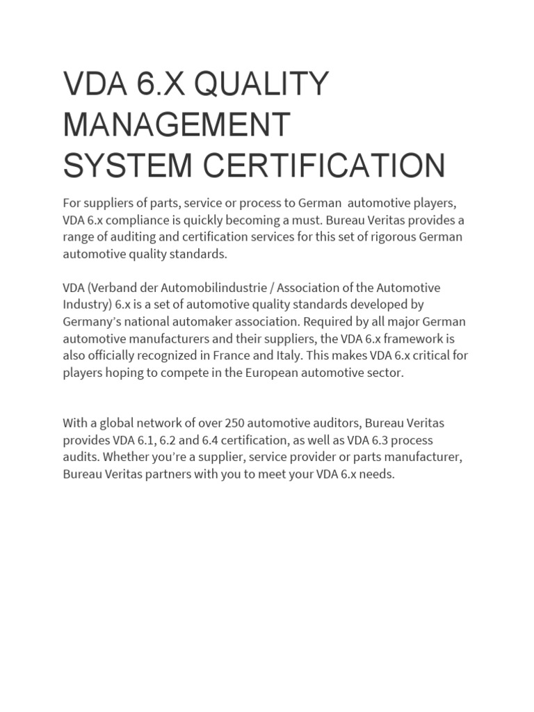 VDA 6.x Certification for Automotive Suppliers | PDF | Audit | Quality ...