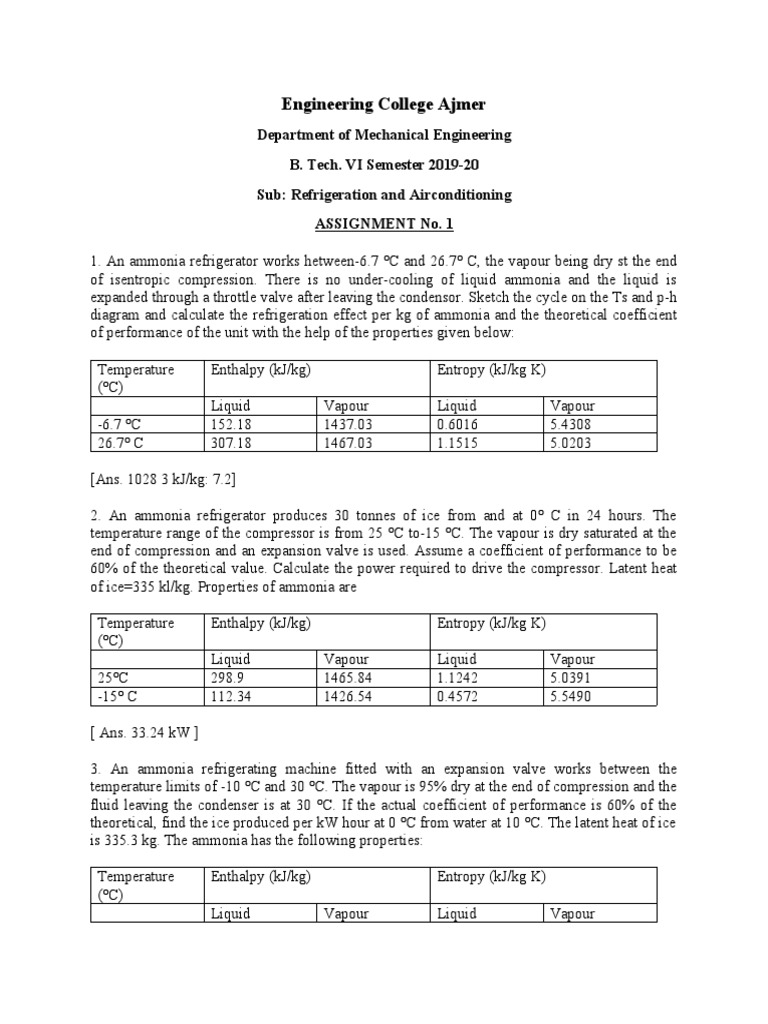 RAC First Assignment 2019-20 - VI Semester | PDF | Enthalpy | Refrigerator