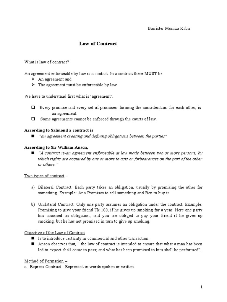 Law of Contract | PDF | Offer And Acceptance | Consideration