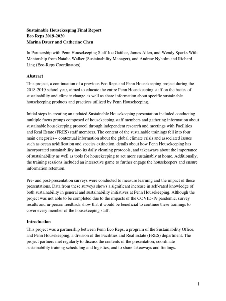 Sustainable Housekeeping Final Report | PDF | Recycling | Sustainability