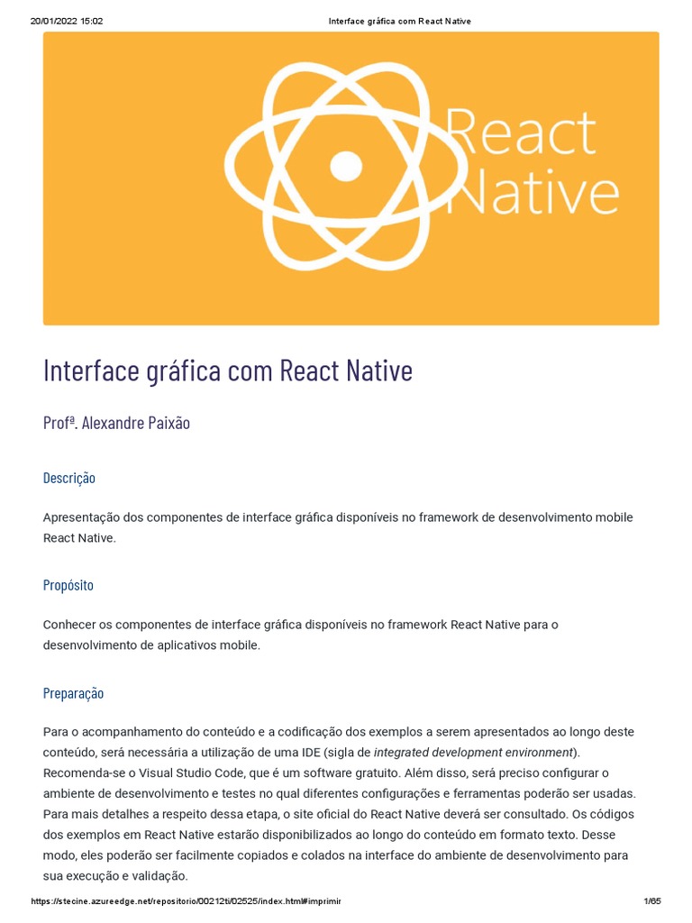 2 - Interface Gráfica Com React Native | PDF | Aplicativo para celular ...