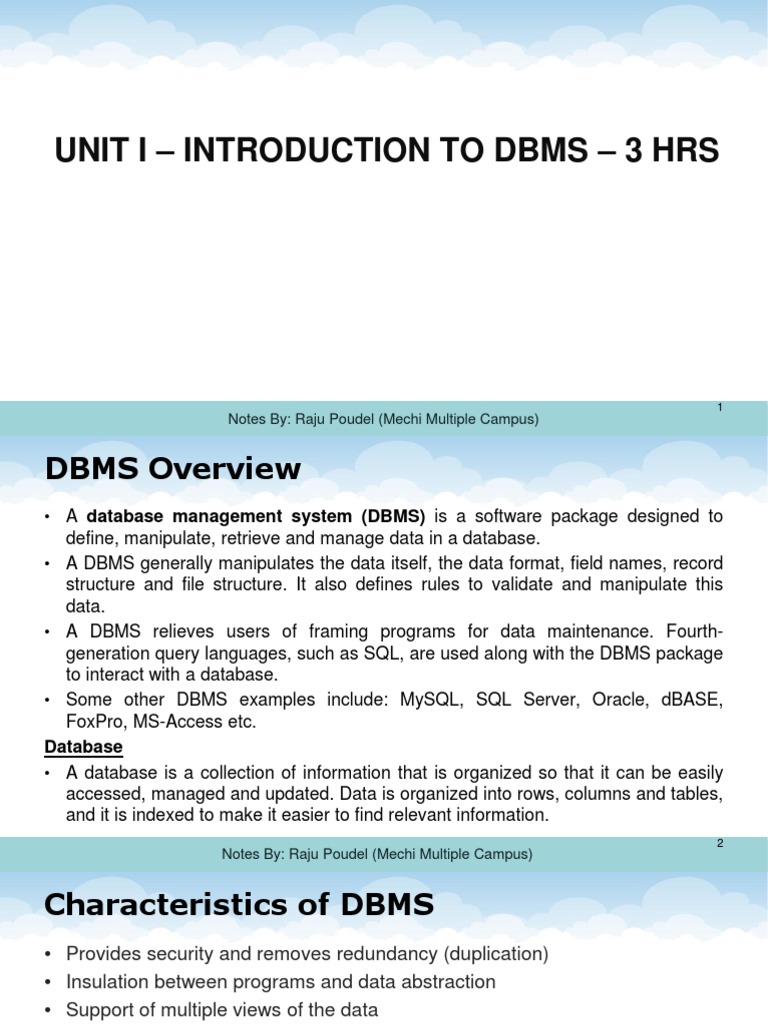 Unit I - Introduction To DBMS | Download Free PDF | Databases | Business