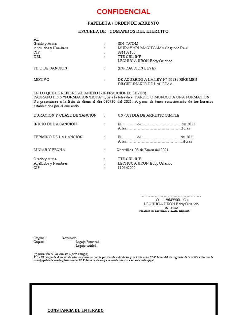 Modelo de Papeleta de Arresto 2021 | PDF