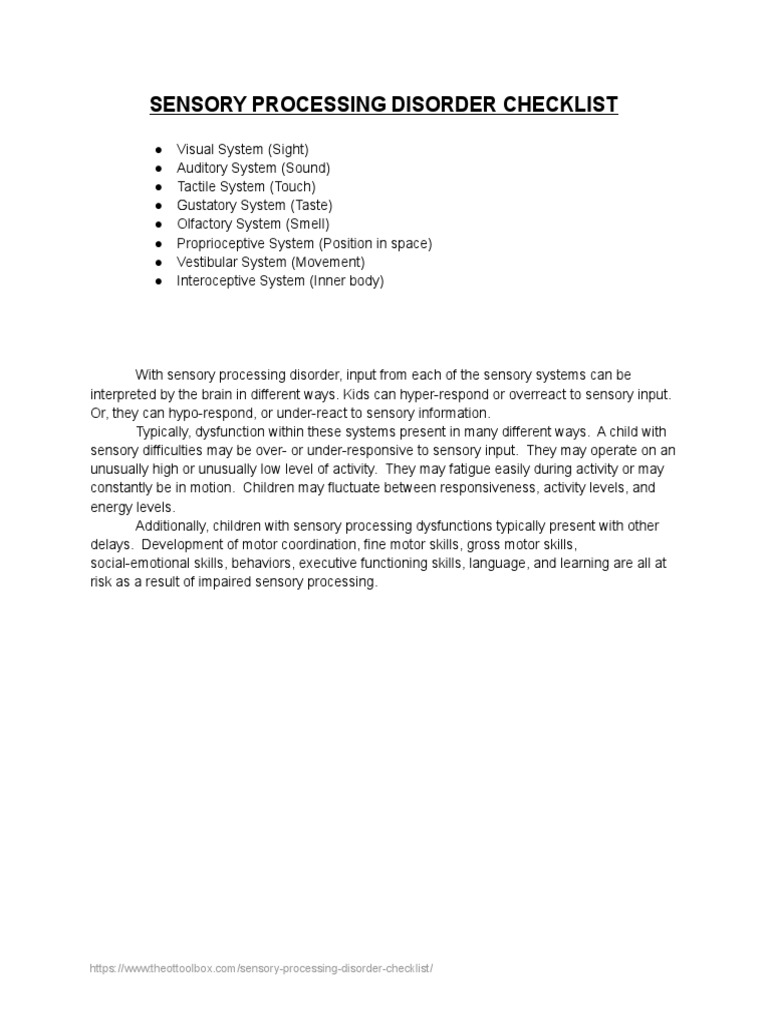 Sensory Processing Disorder Checklist | PDF