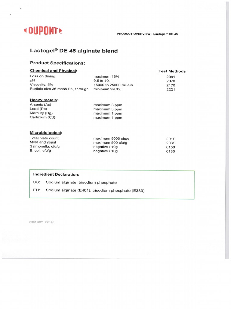 Lactogel DE 45 Alginate Blend Spec | PDF