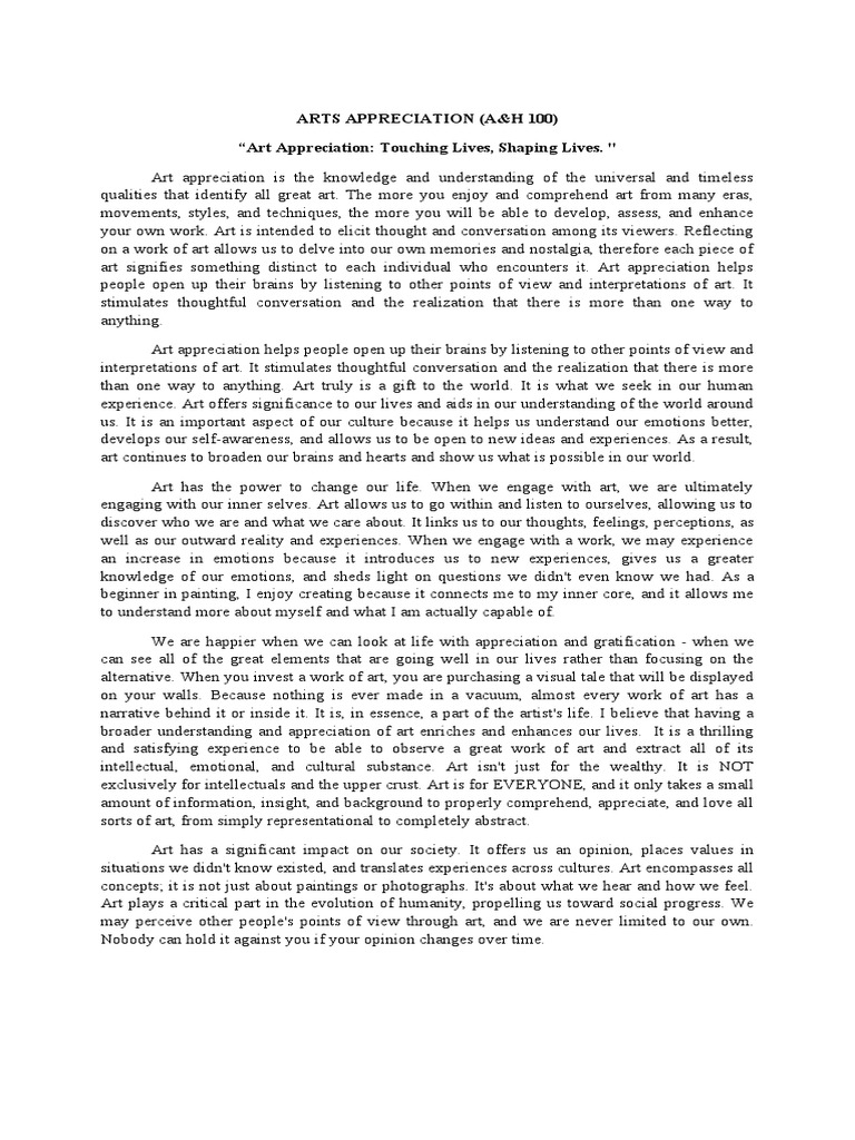 Arts Appreciation Essay | PDF | Experience | Emotions