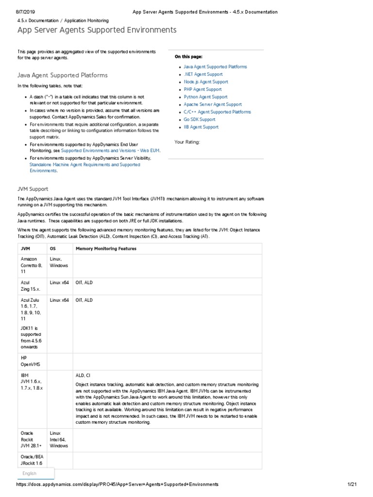 AppDynamics Agent Support Overview | PDF | Java Virtual Machine | Application Server