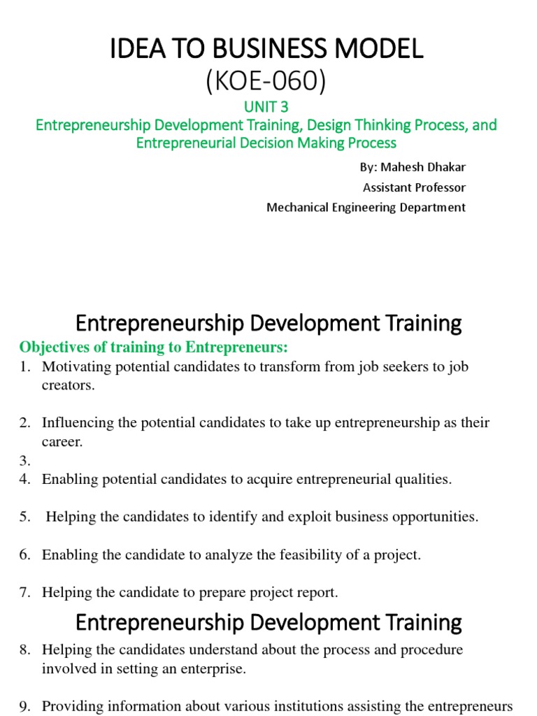Entrepreneurship Development Training, Design Thinking Process, and ...