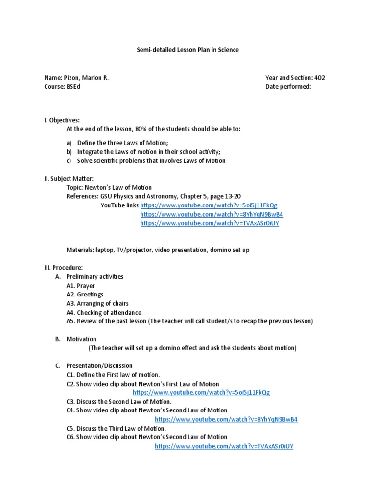 Semi-Detailed Lesson Plan in Science | PDF | Newton's Laws Of Motion ...