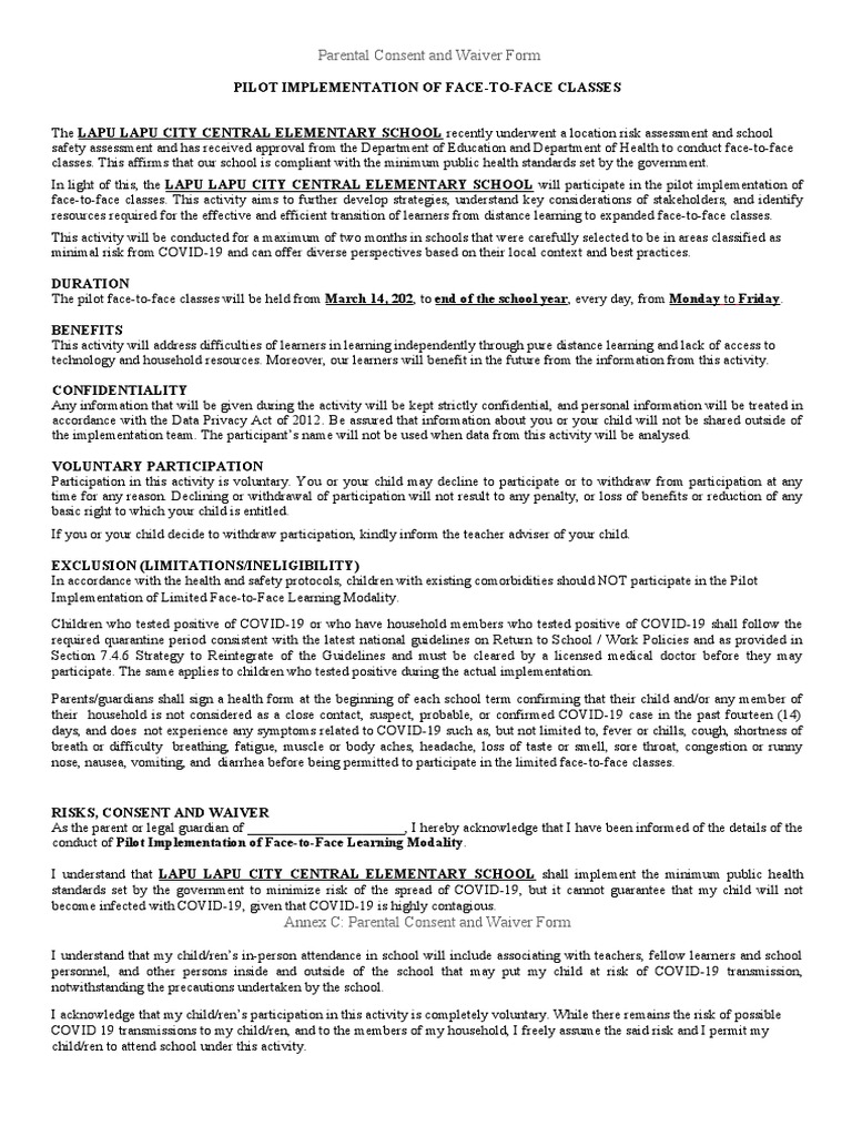 Parental Consent for Face-to-Face Classes | PDF | Diseases And ...