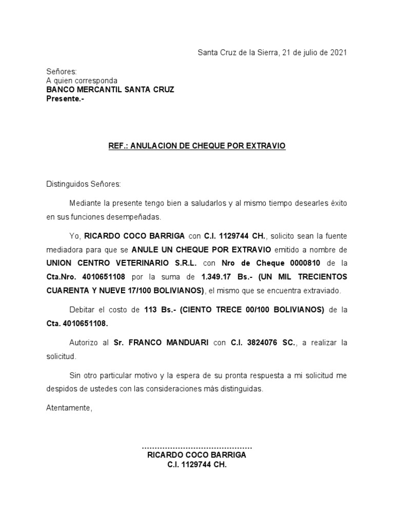 Carta Anulacion de Cheque Por Extravio | PDF | Derecho