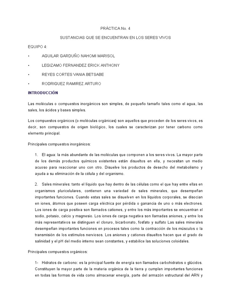 Informe Práctica 4 Sustancias Que Se Encuentran en Los Seres Vivos Eq 4 | PDF | Sal (química ...