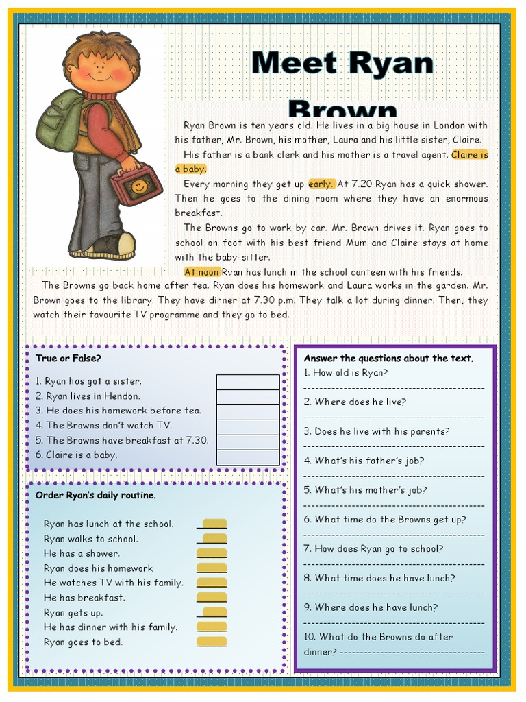 Meet Ryan Brown Reading Comprehension Exercises - 6014 | PDF | Dinner ...