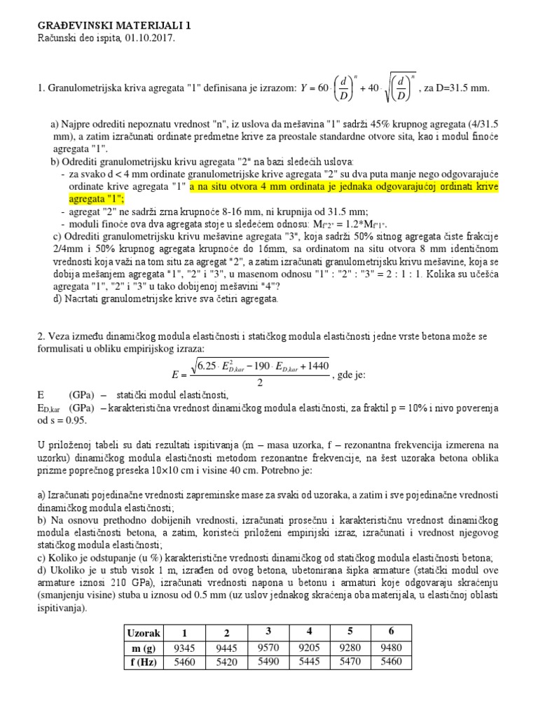Gradjevinski Materijali Ispitni Zadaci | PDF