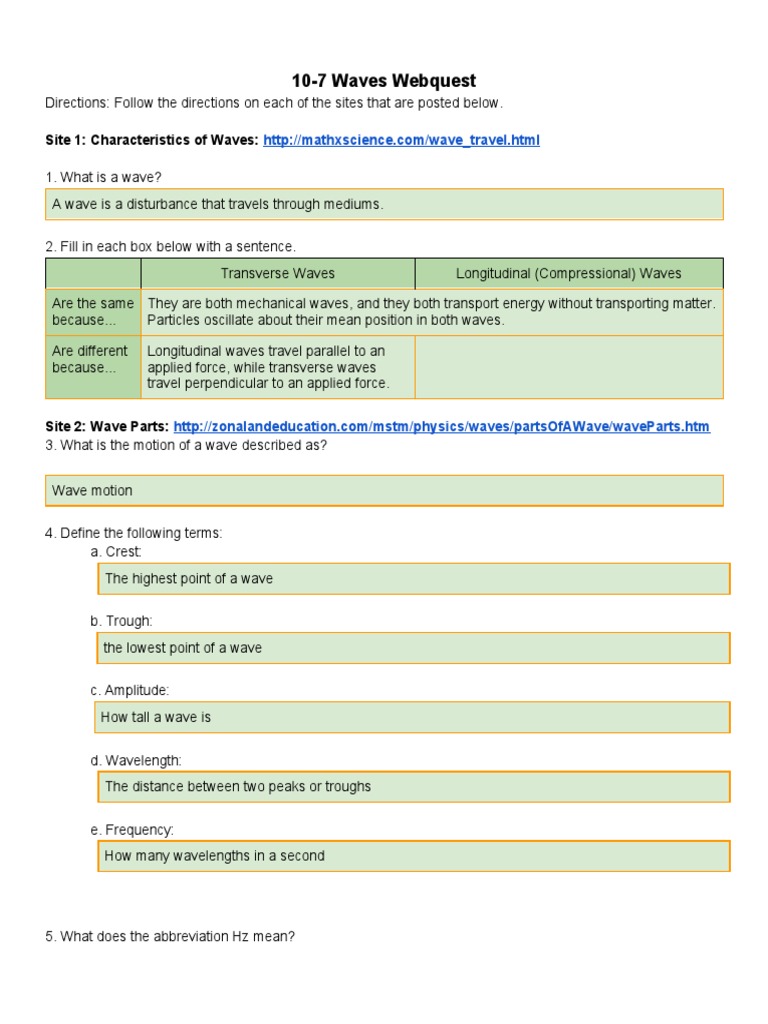 10-7 Waves Webquest: Site 1: Characteristics of Waves | PDF ...
