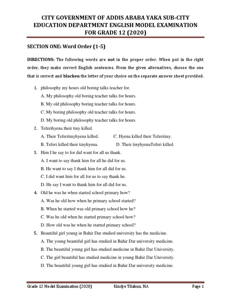 3rd Round English Model Exam For Grade 12 | PDF