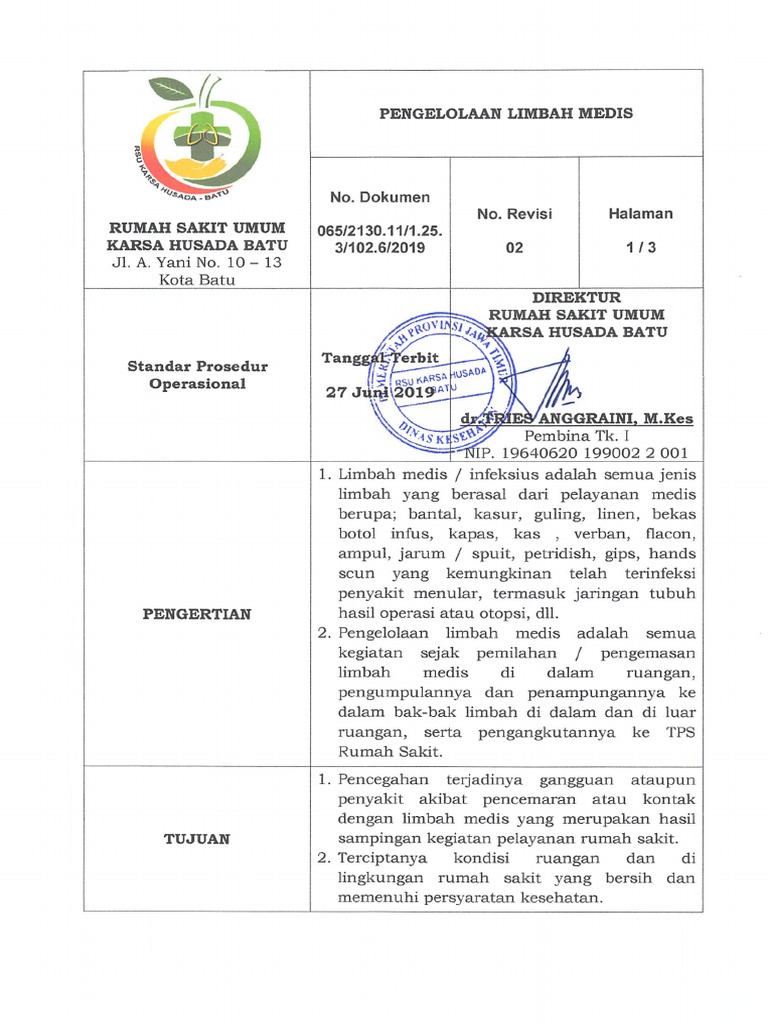 Spo Pengelolaan Limbah Medis | PDF