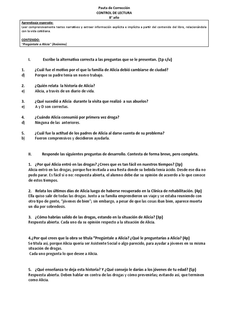 Corrección de Lectura: "Pregúntale a Alicia" | PDF