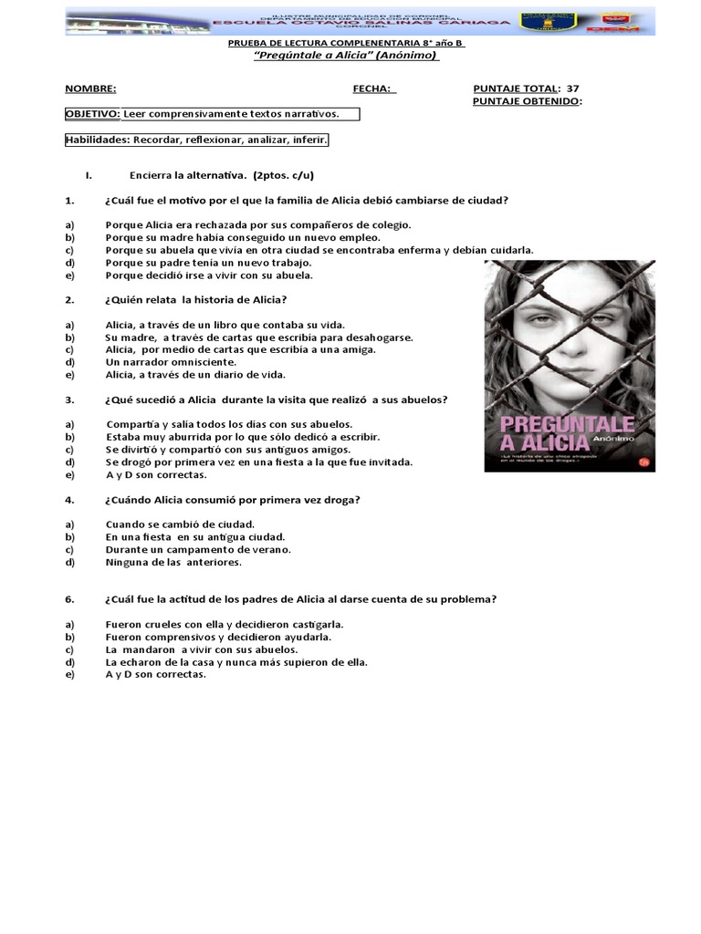 Prueba de lectura: Pregúntale a Alicia | PDF | Ficción general