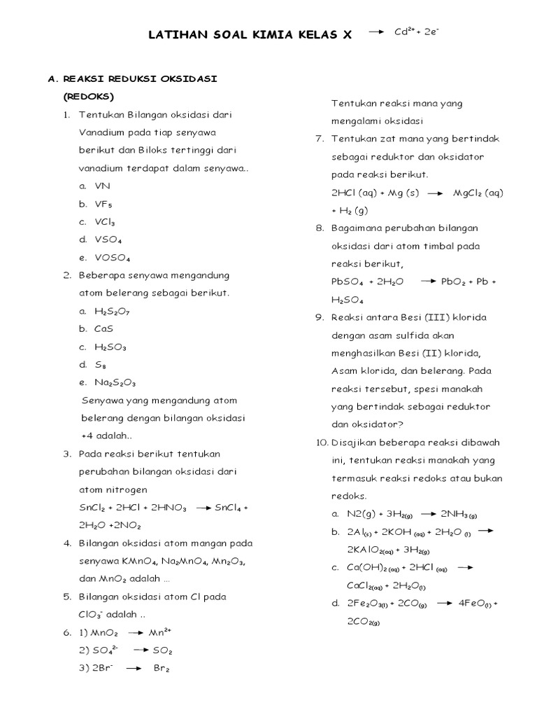 LATIHAN SOAL KIMIA KELAS X (Redoks SD PRK) | PDF