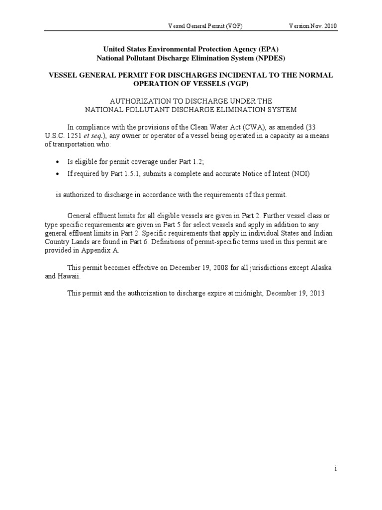 Vessel General Permit Overview | PDF | Clean Water Act | Ships