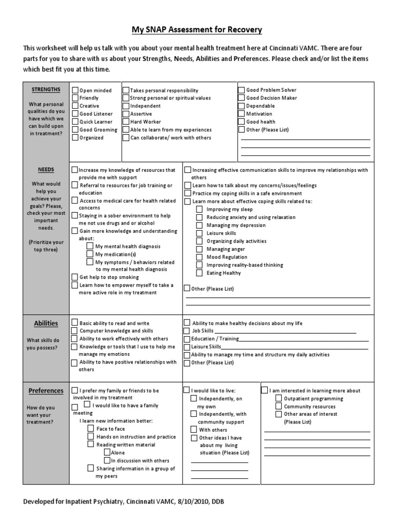 My SNAP Assessment For Recovery: S N A P | PDF | Mental Health | Psychology