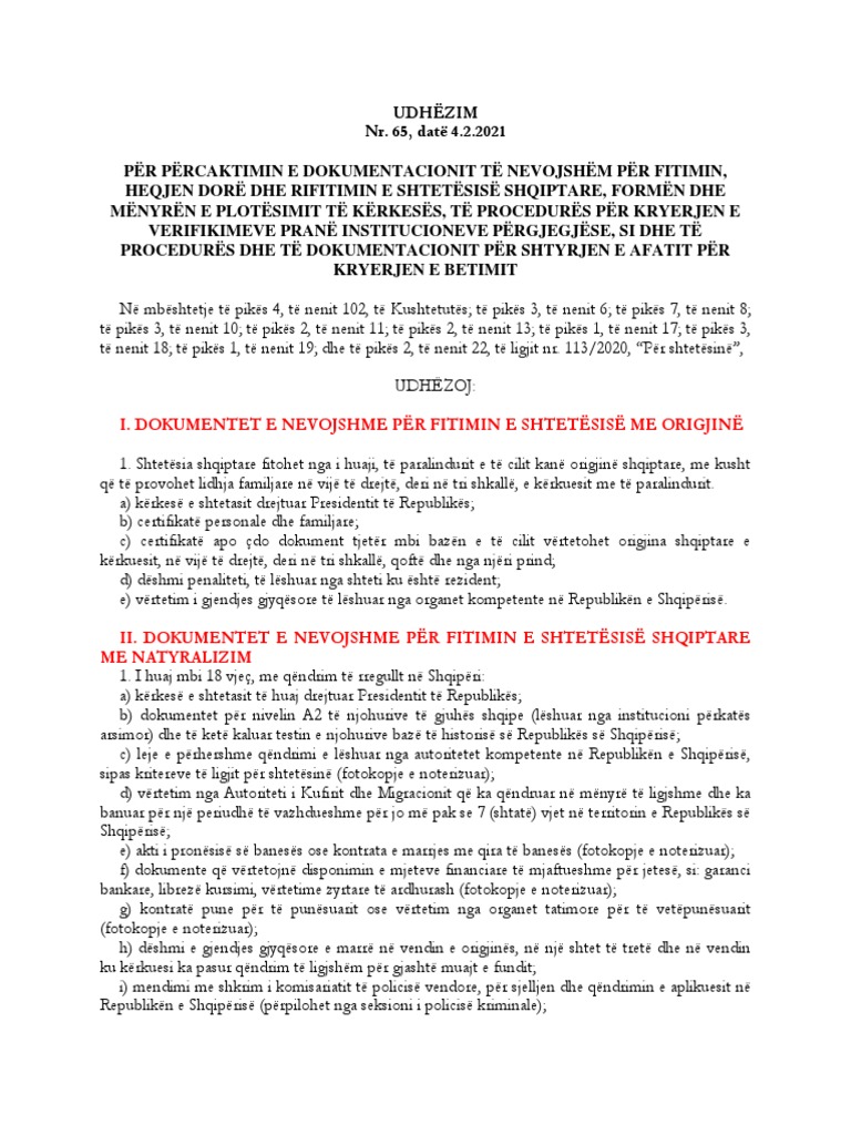 Udhezim - 2021 - Dokumentacioni Per Shtetesine | PDF