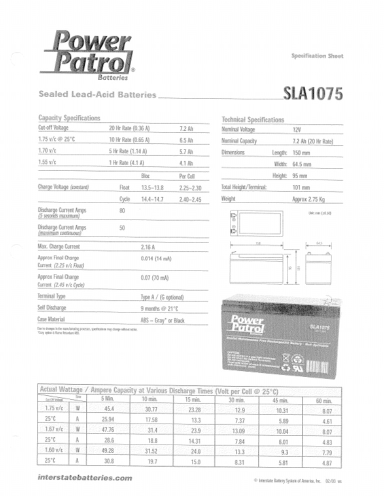 Power Patrol Batteries SLA1075 Spec Sheet | PDF