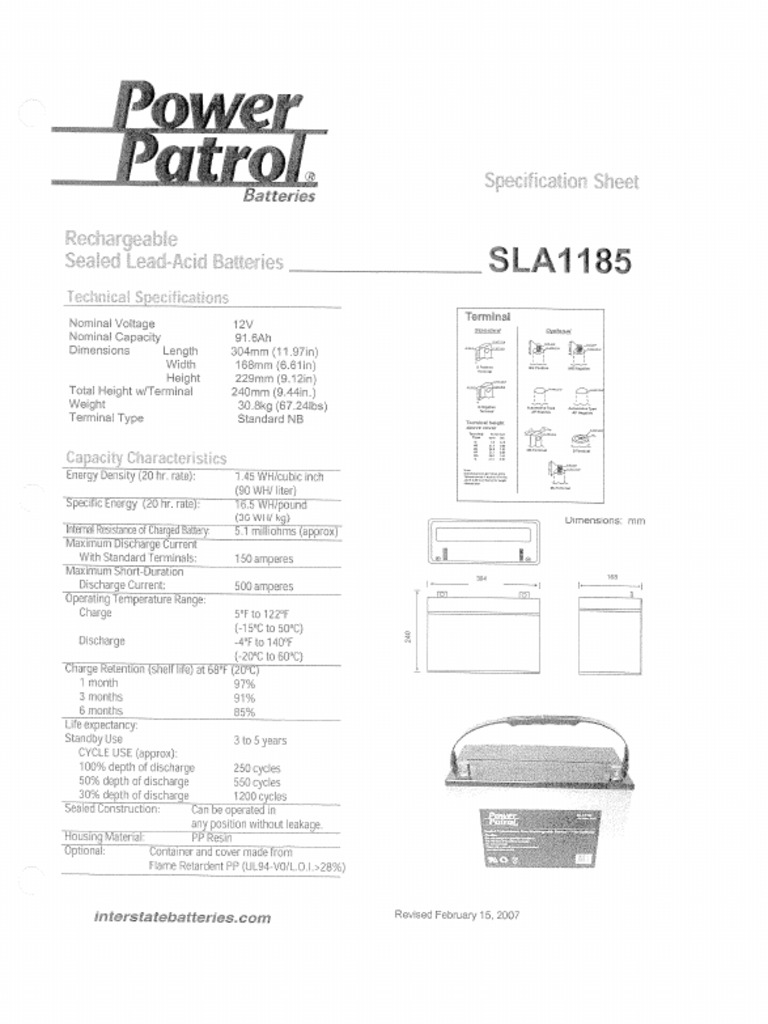 Power Patrol Batteries SLA1185 Spec Sheet | PDF