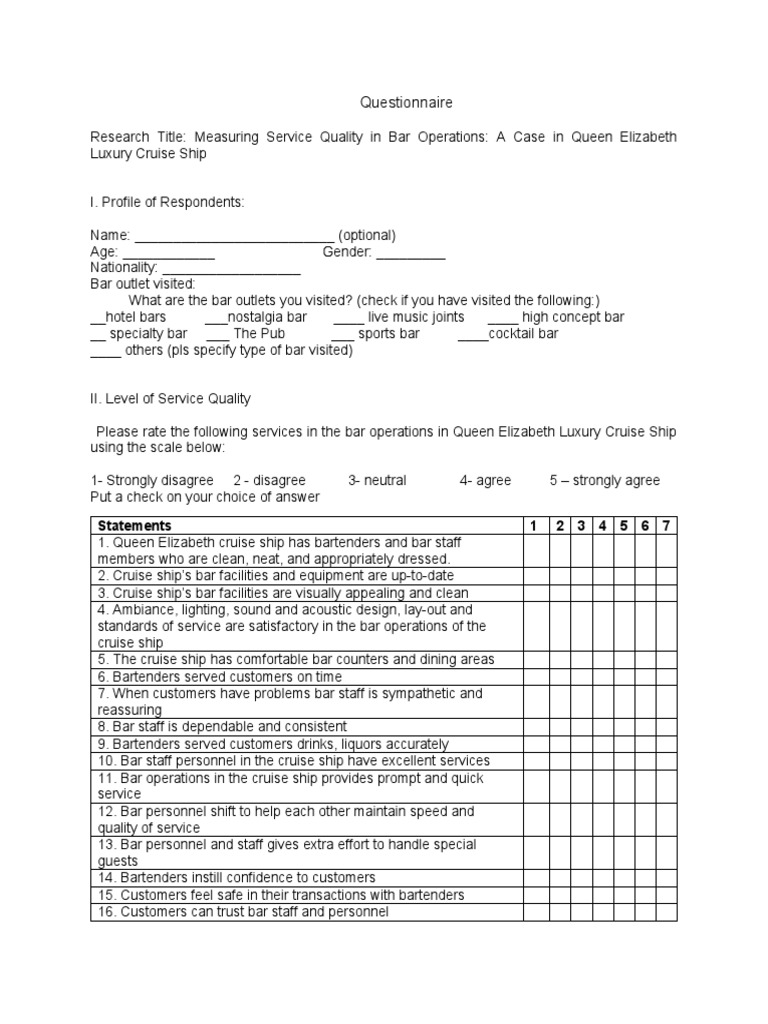 Questionnaire Bar Operation in Queen Elizabeth Cruise Ship - Gorgonio ...