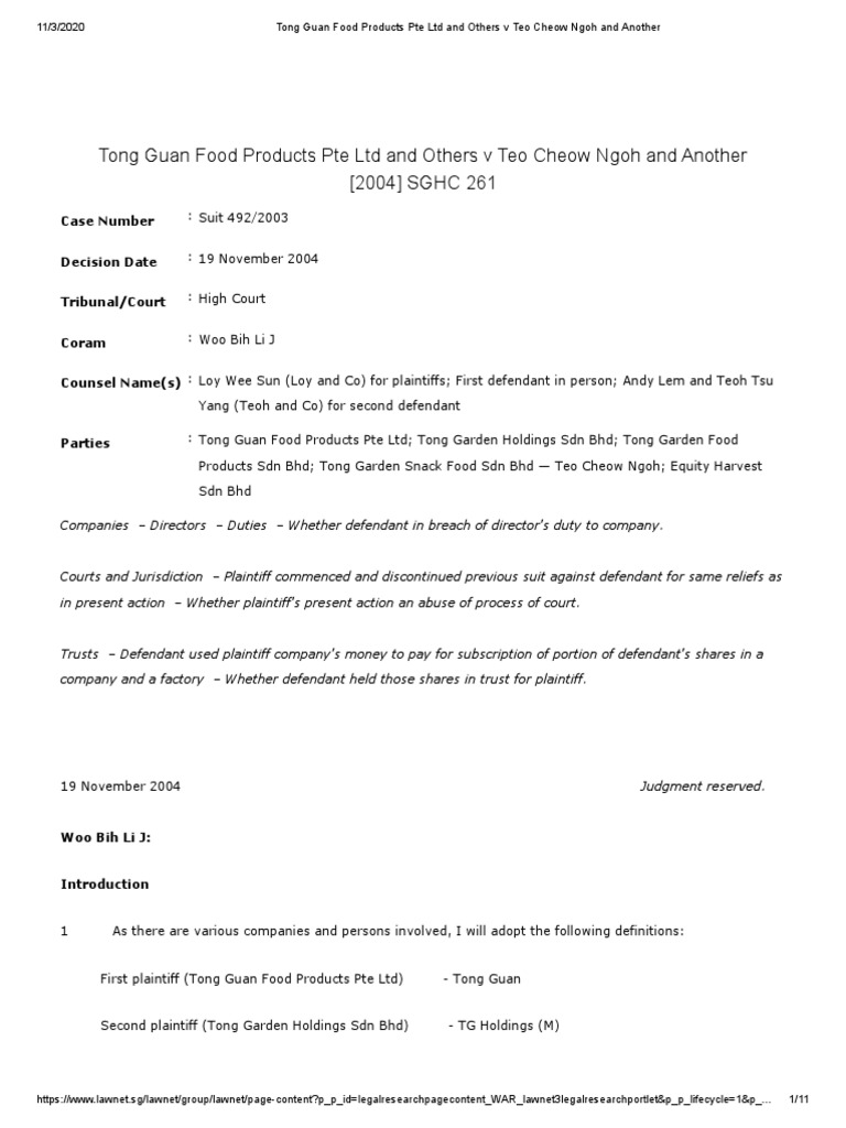 Tong Guan Food Products Pte LTD and Others V Teo Cheow Ngoh and Another ...