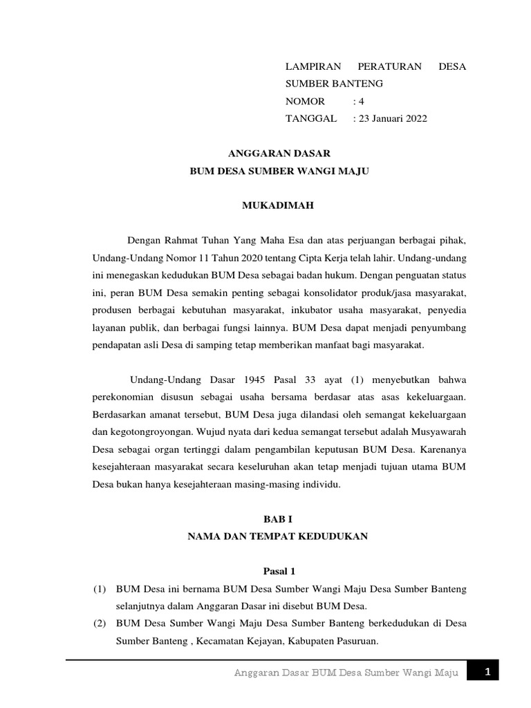 Lampiran Perdes Anggaran Dasar Bumdesa | PDF